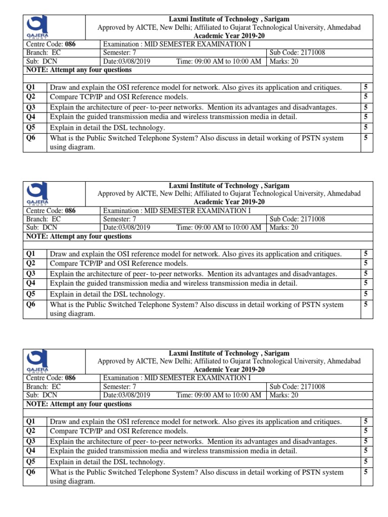 DCN Mid 1 Question Paper - July 2019 | PDF | Public Switched Telephone ...