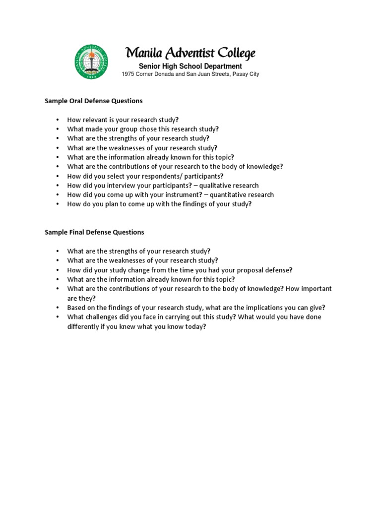 Sample Oral Defense Questions: Senior High School Department | PDF