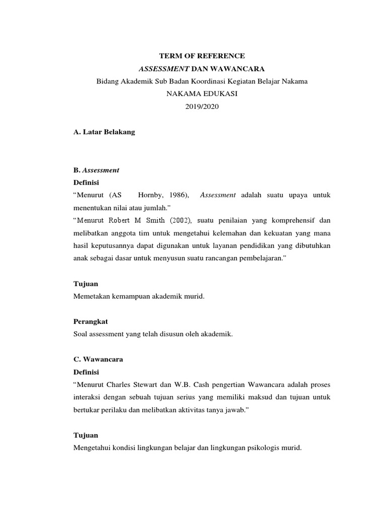 TERM of REFERENCE Assessment Dan Wawancara (Bidang Akademik-BKKBN) 2019-2020 | PDF