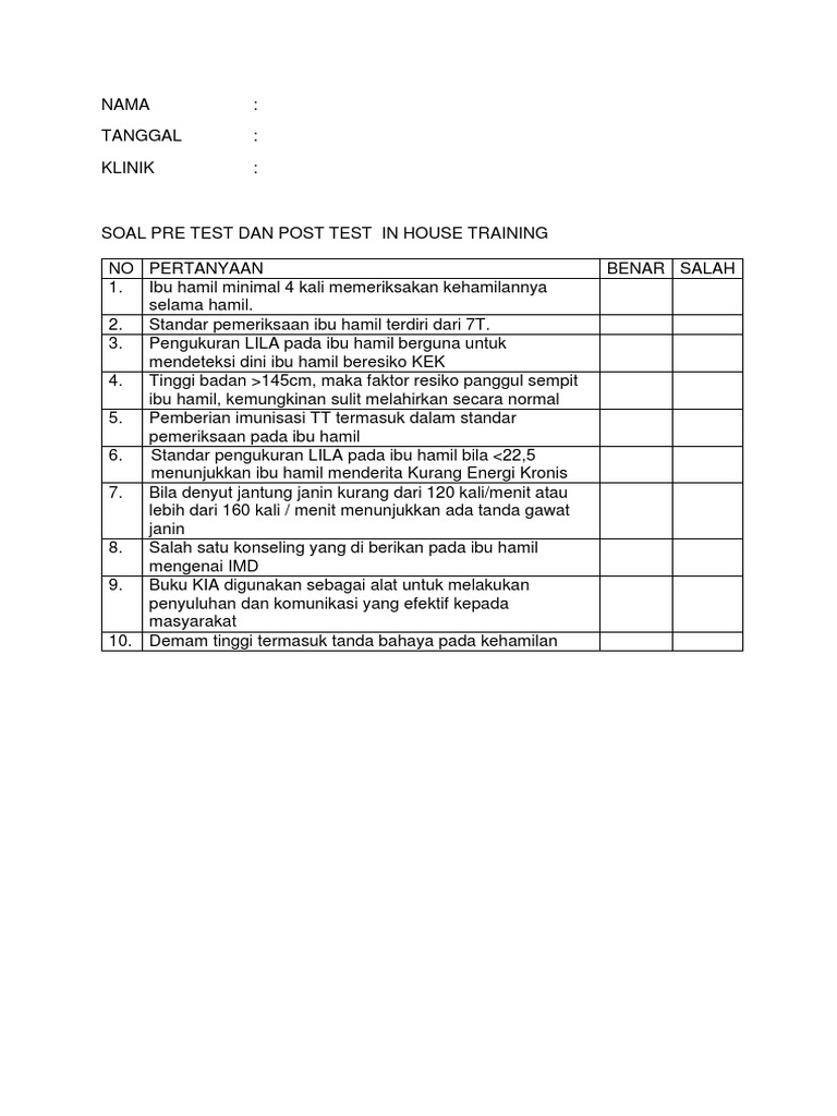 Soal Pre Test Dan Post Test in House Training | PDF | Kesehatan Holistik