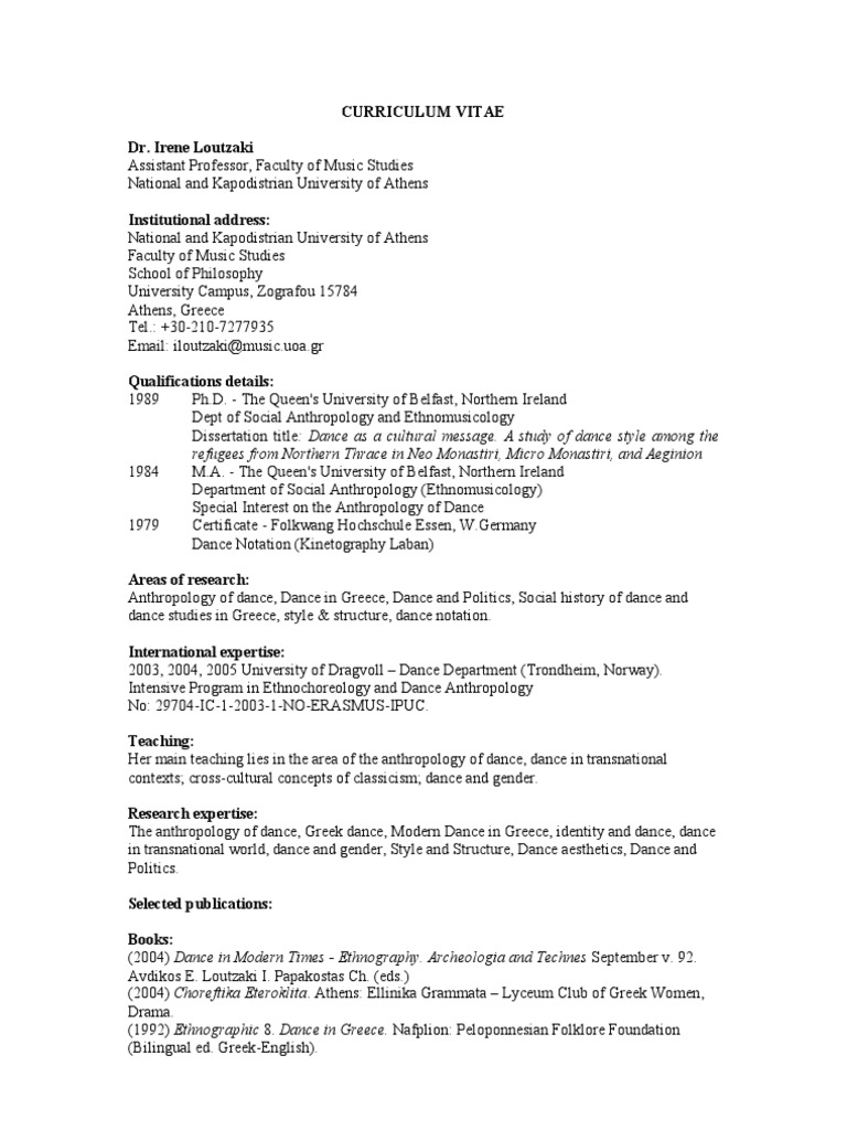 Curriculum Vitae - Dr. Irene Loutzaki | PDF | Anthropology | Greece