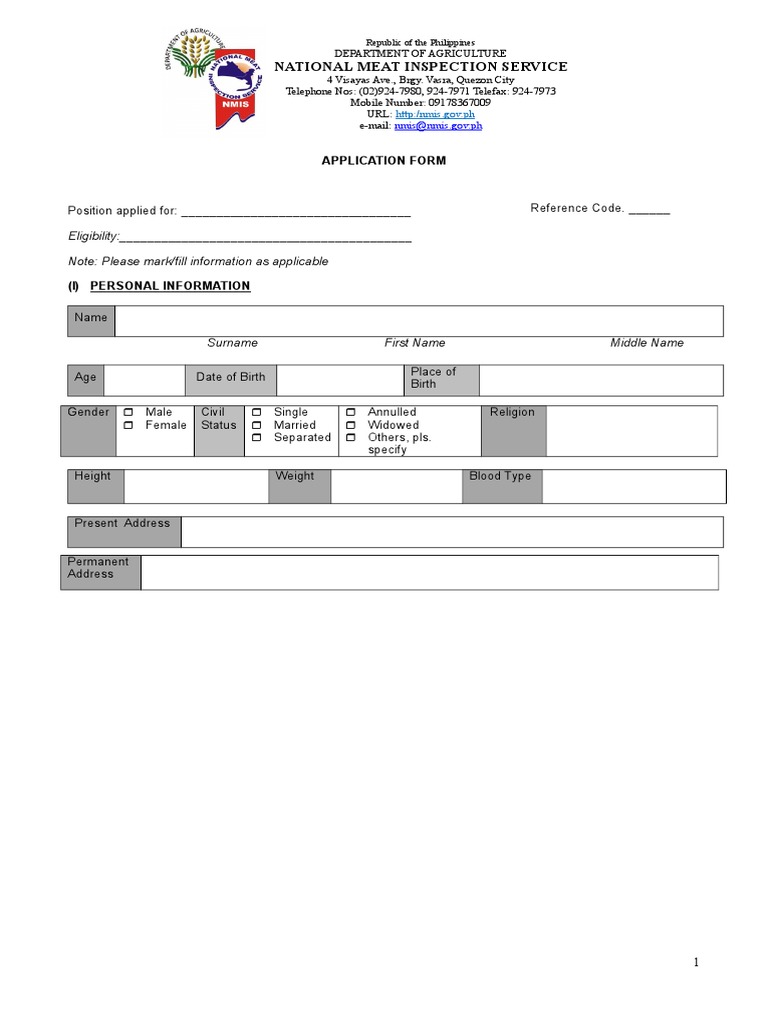 National Meat Inspection Service: Application Form | PDF | Government ...