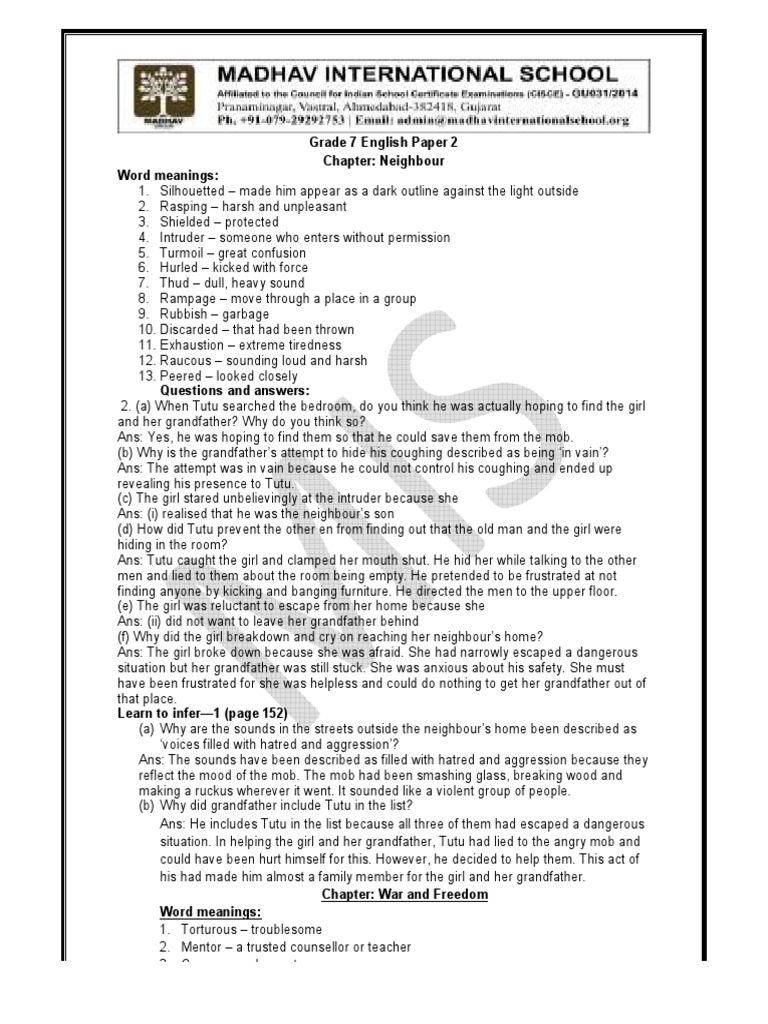 Grade 7 English Paper 2 Chapter: Neighbour Word Meanings | PDF | Love
