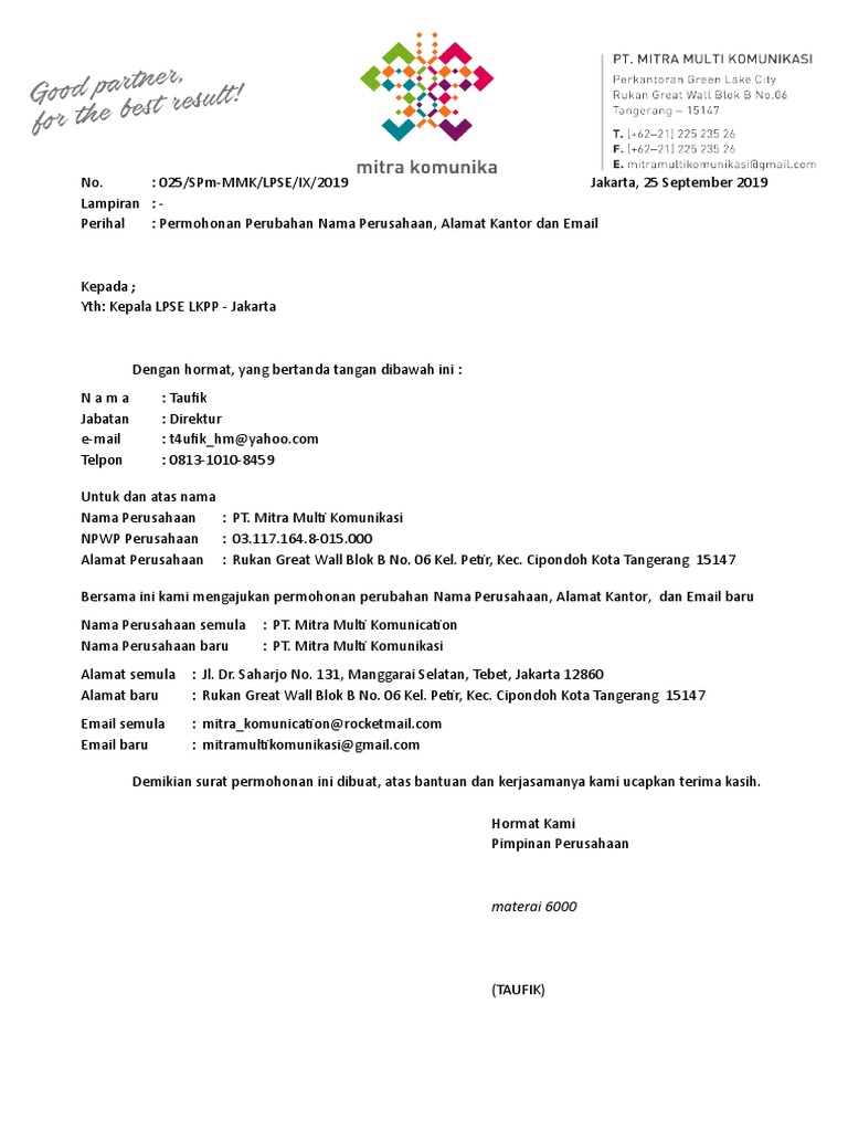 Surat Permohonan Perubahan Data LKPP | PDF