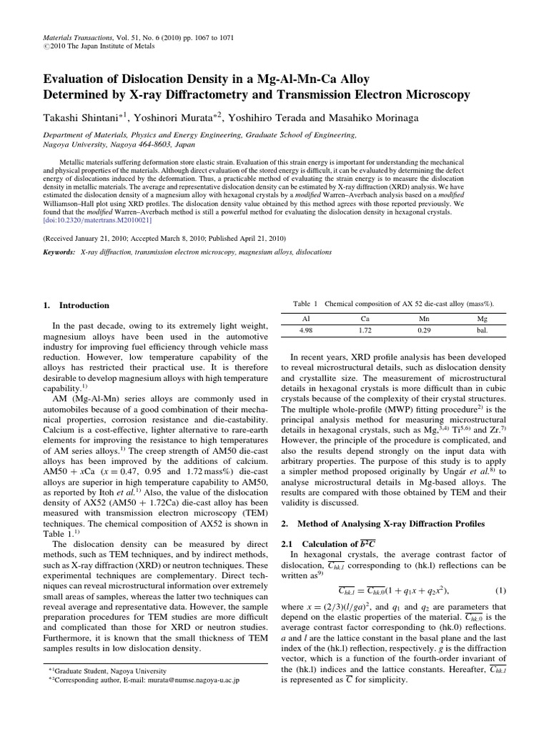 Evaluation of Dislocation Density in A Mg-Al-Mn-Ca Alloy Determined by ...