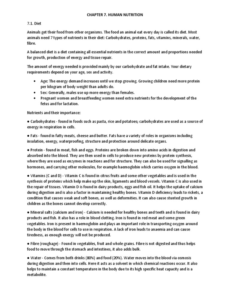 CHAPTER 7. Animal Nutrition (Note) | PDF | Digestion | Nutrients