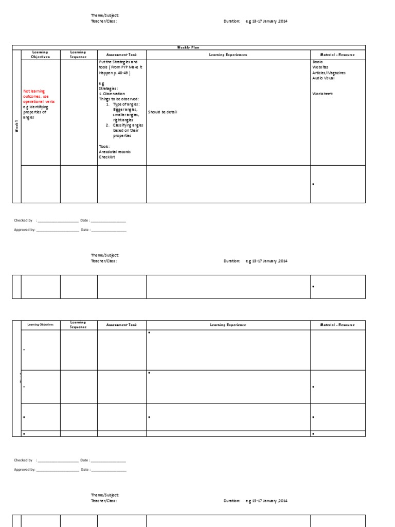 Weekly Teaching Plan Template | PDF | Education Theory | Neuropsychology