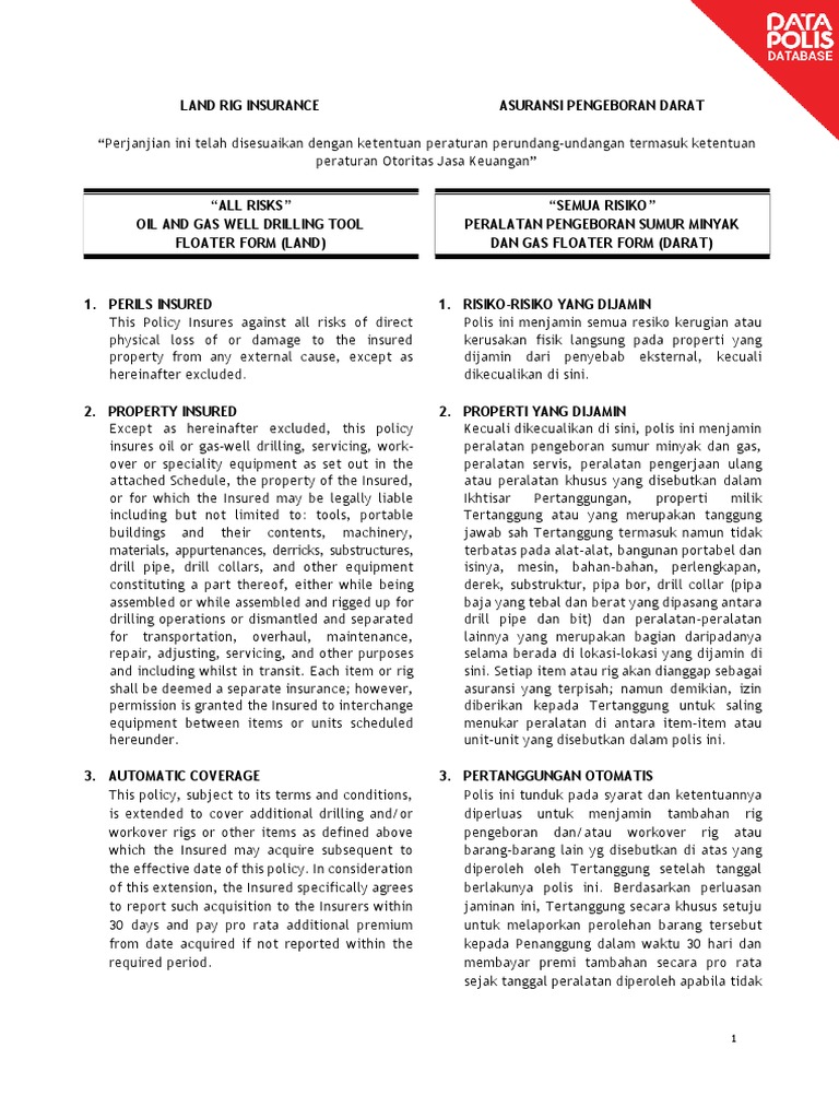 All Risks Oil and Gas Well Drilling Tool Floater Form Land Insurance | PDF