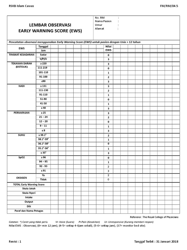 Lembar Observasi EWS Pasien Dewasa | PDF