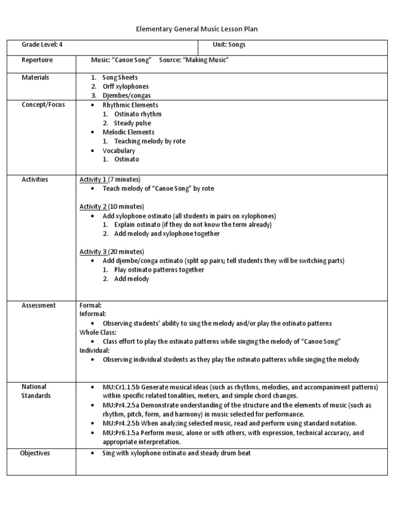 Elementary General Music Lesson Plan | PDF | Rhythm | Entertainment