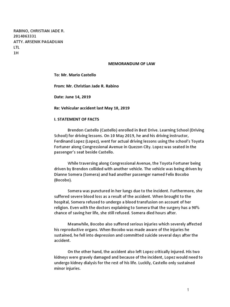 Legal Memorandum 4 | PDF | Negligence | Damages