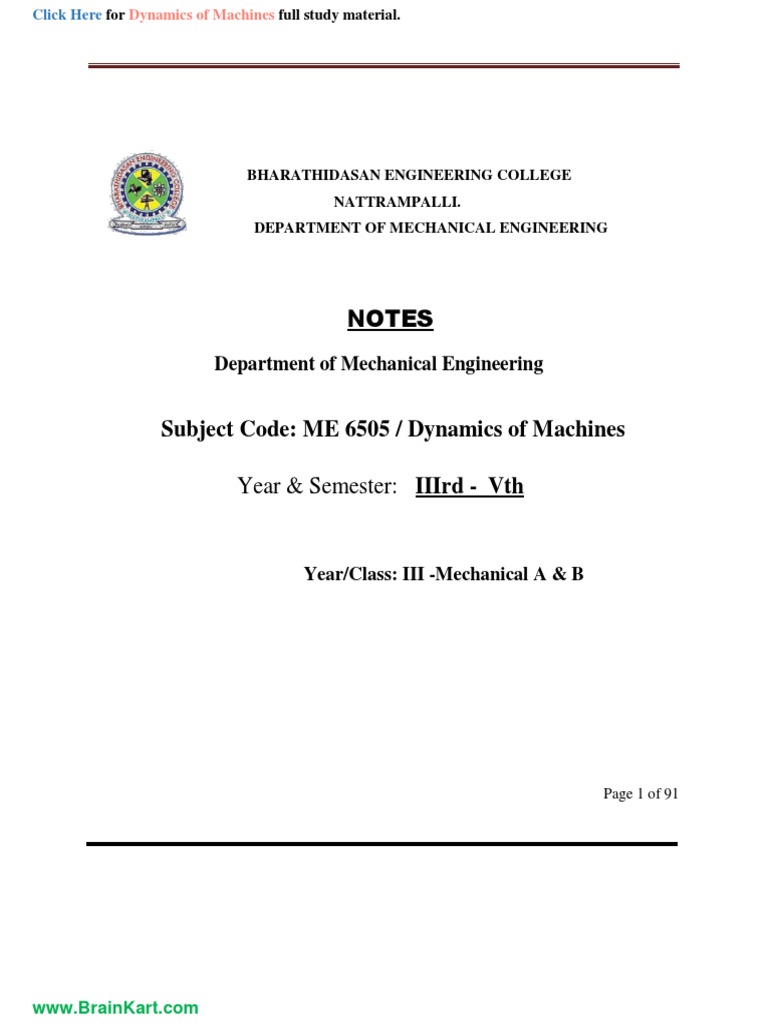 081 - ME8594, ME6505 Dynamics of Machines - Notes 4 PDF | PDF | Torque ... 081 - ME8594, ME6505 Dynamics of Machines - Notes 4 PDF | PDF | Torque ...