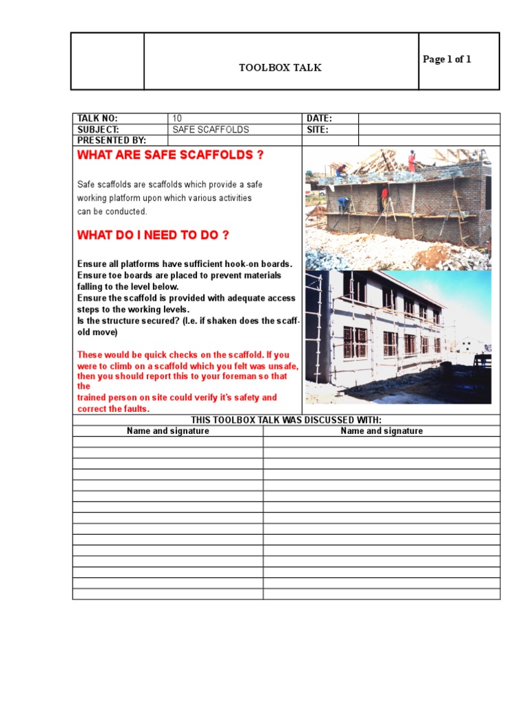 What Are Safe Scaffolds ?: Toolbox Talk Page 1 of 1 | PDF