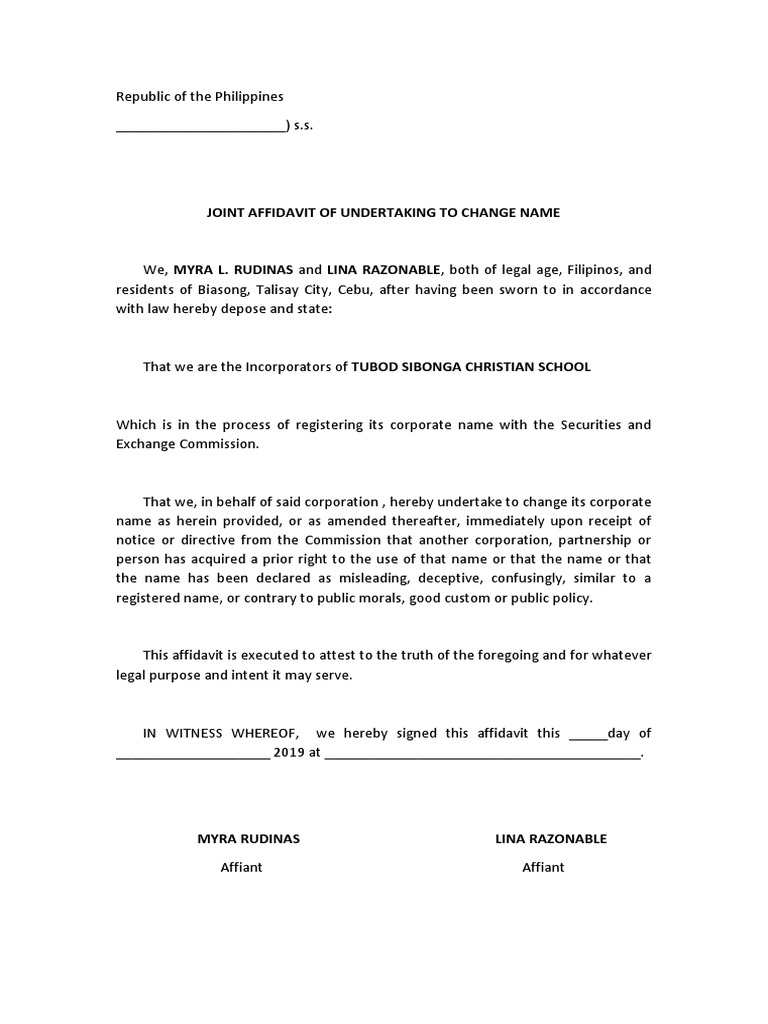 Joint Affidavit of Undertaking To Change Name | PDF