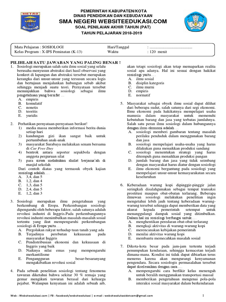 Soal PAT Sosiologi Kelas X Peminatan 2018-2019 | PDF