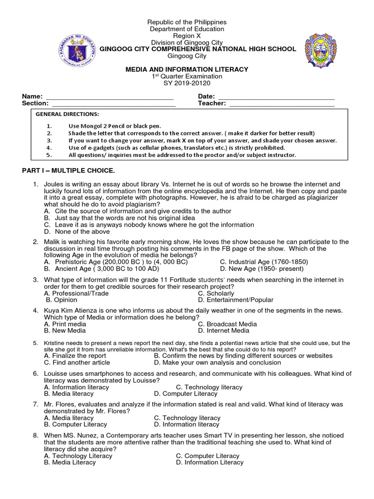 1st Quarter Exam MIL 1920 | Information Literacy | Mass Media