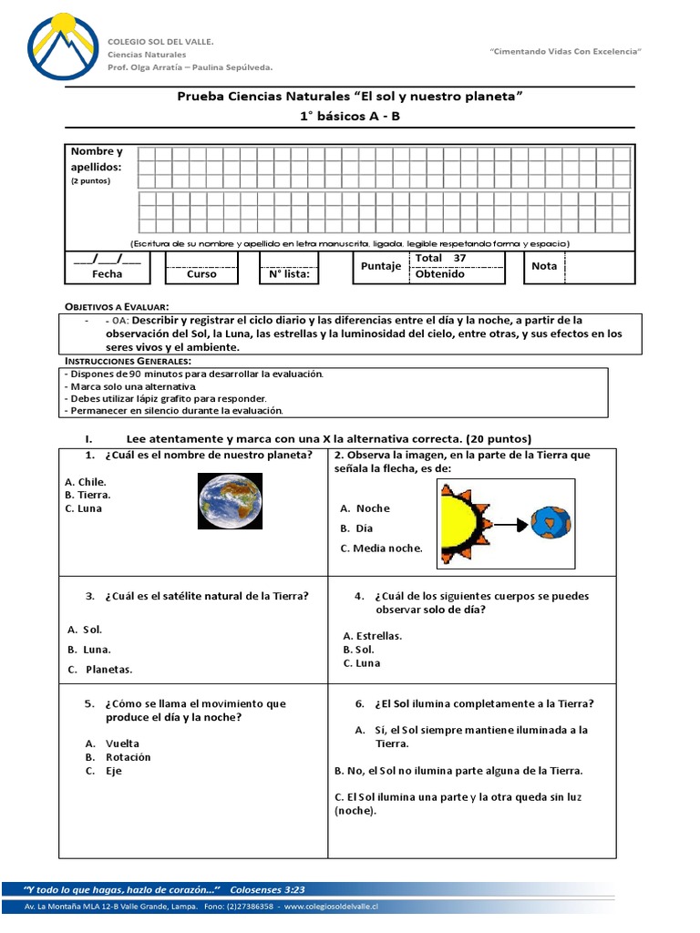 PRUEBA CIENCIAS El Sol y Nuestro Planeta Nov. (1) | Tierra | Dom