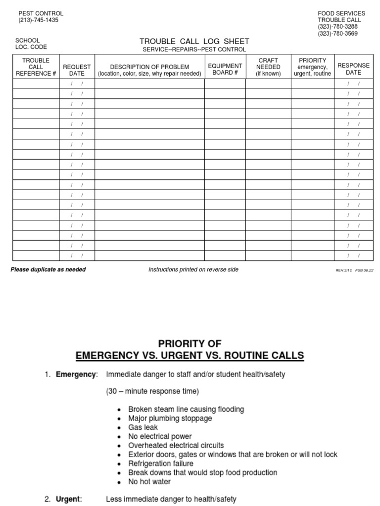 Trouble Call Log Sheet: Please Duplicate As Needed | PDF | Building ...