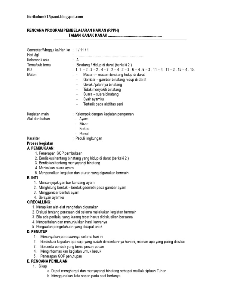 Contoh RPPH Paud Tema Binatang TK A-1 | PDF