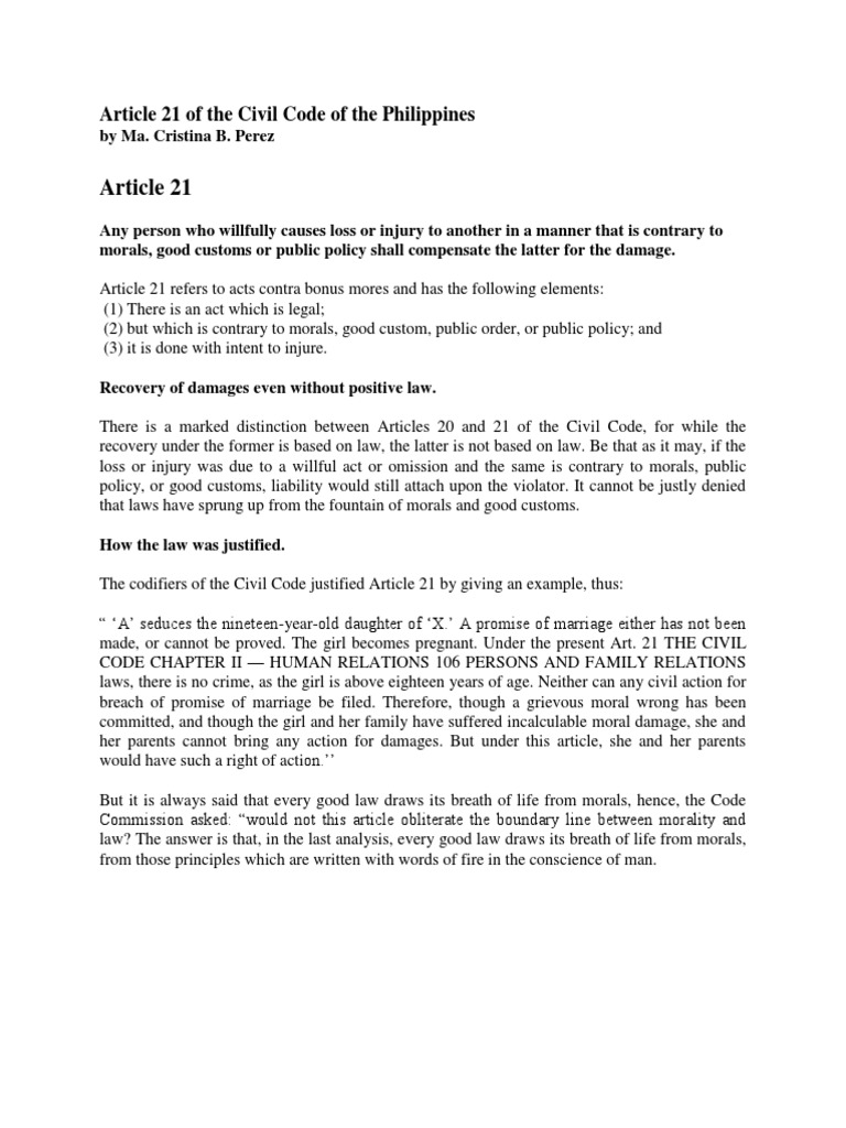 Article 21: Acts Contra Bonos Mores | PDF | Damages | Marriage