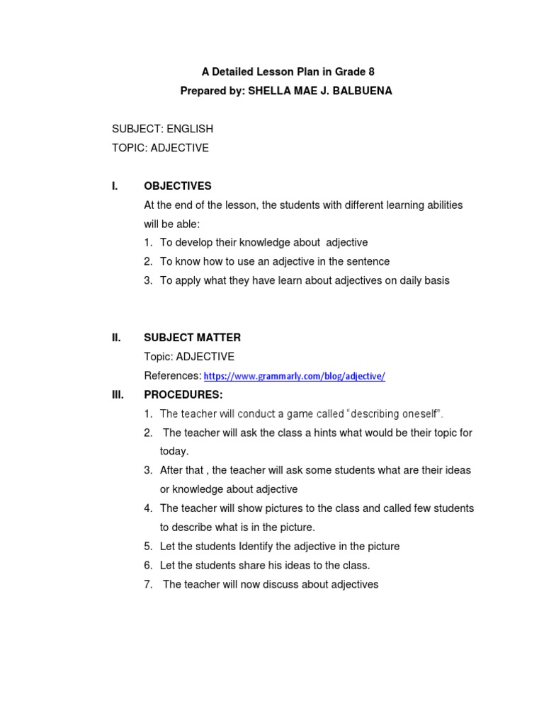A Detailed Lesson Plan in Grade 8 | PDF