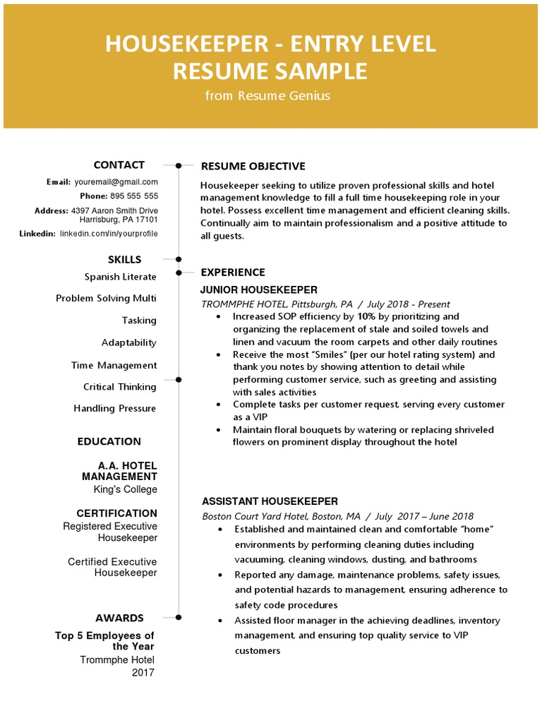 Housekeeper Entry Level Resume Sample 2018 Gold | PDF | Time Management ...