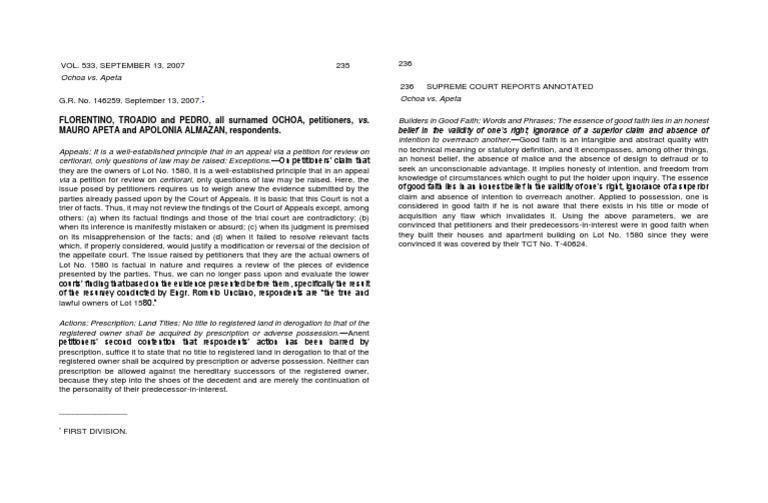 Ochoa Vs Apeta | PDF | Adverse Possession | Certiorari