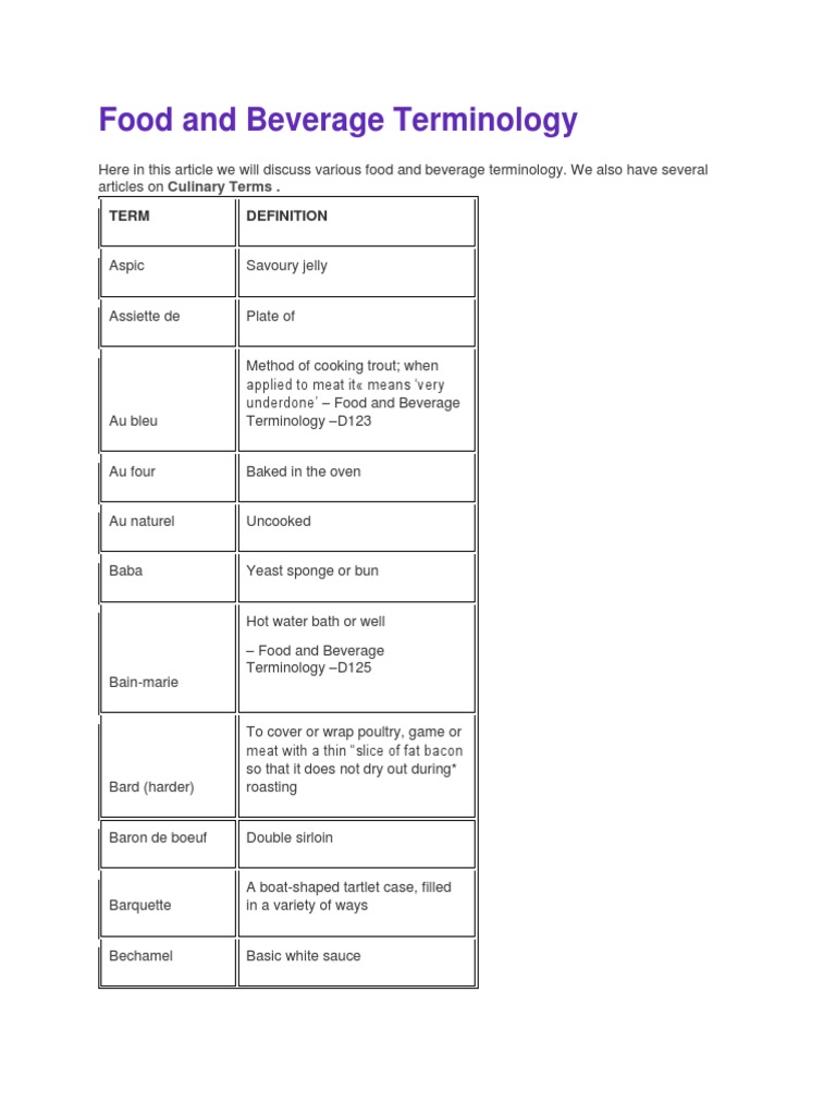 Food and Beverage Terminology | PDF | Menu | Restaurants