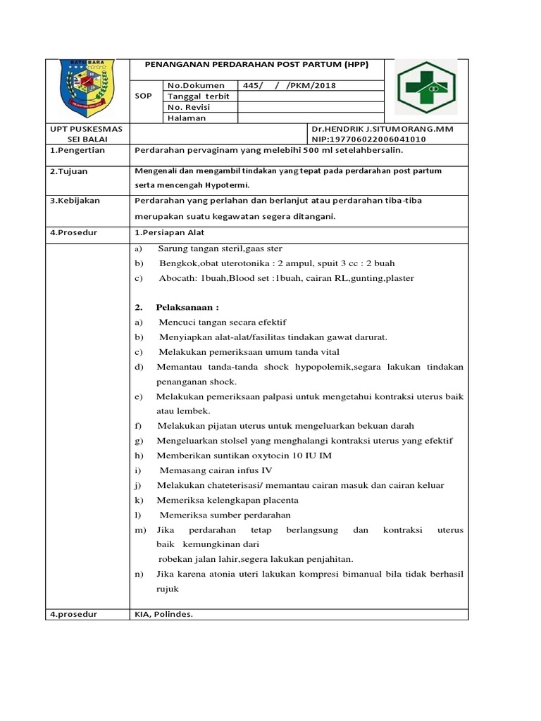 Sop Penaganan Perdarahan Post Pattum HPP | PDF