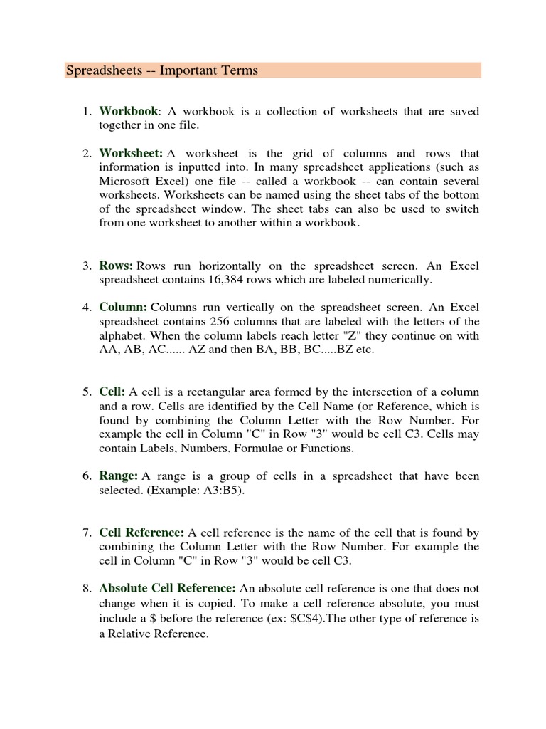 Spreadsheet and Database Terms | PDF | Spreadsheet | Formula