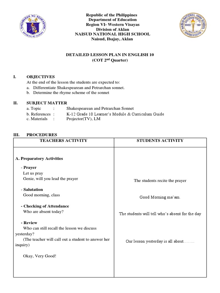 Detailed Lesson Plan in Sonnet | Download Free PDF | Sonnets | Poetry