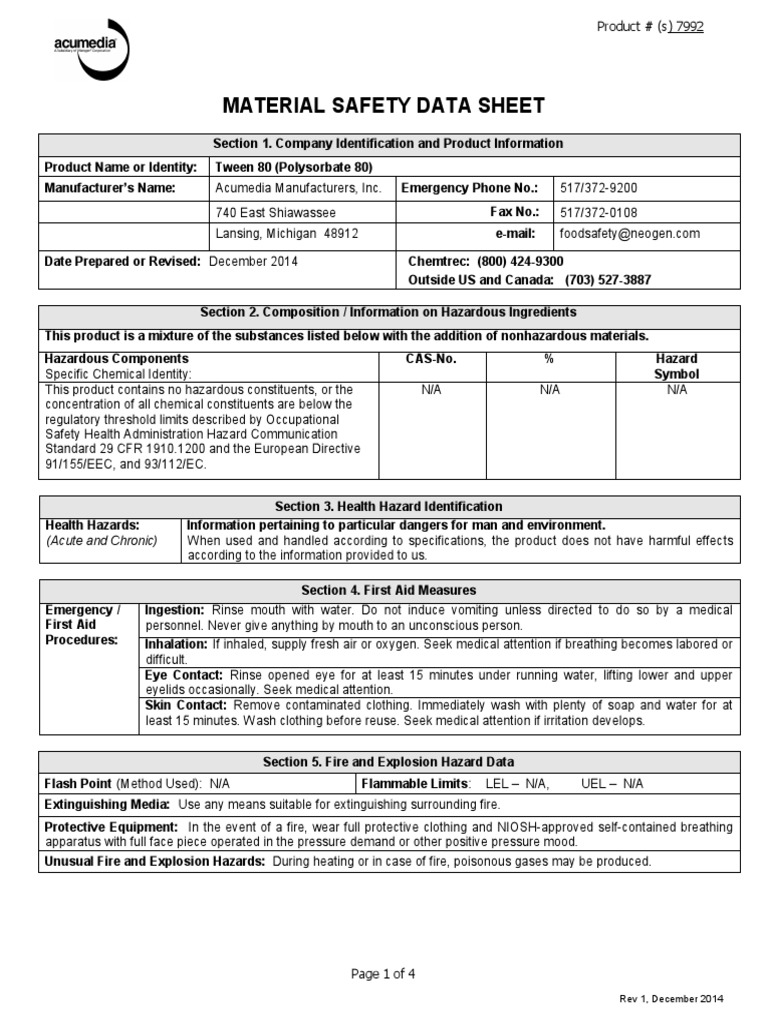 Tween 80 Msds | PDF | Personal Protective Equipment | Occupational ...