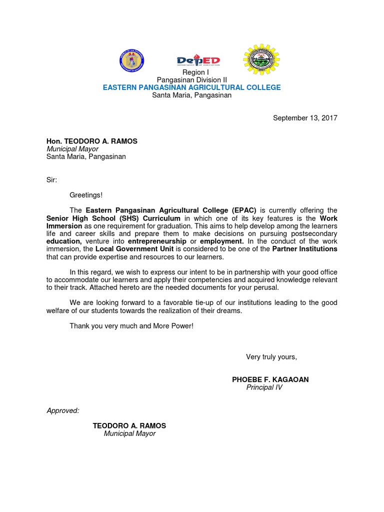 Letter of Intent (Work Immersion) | PDF