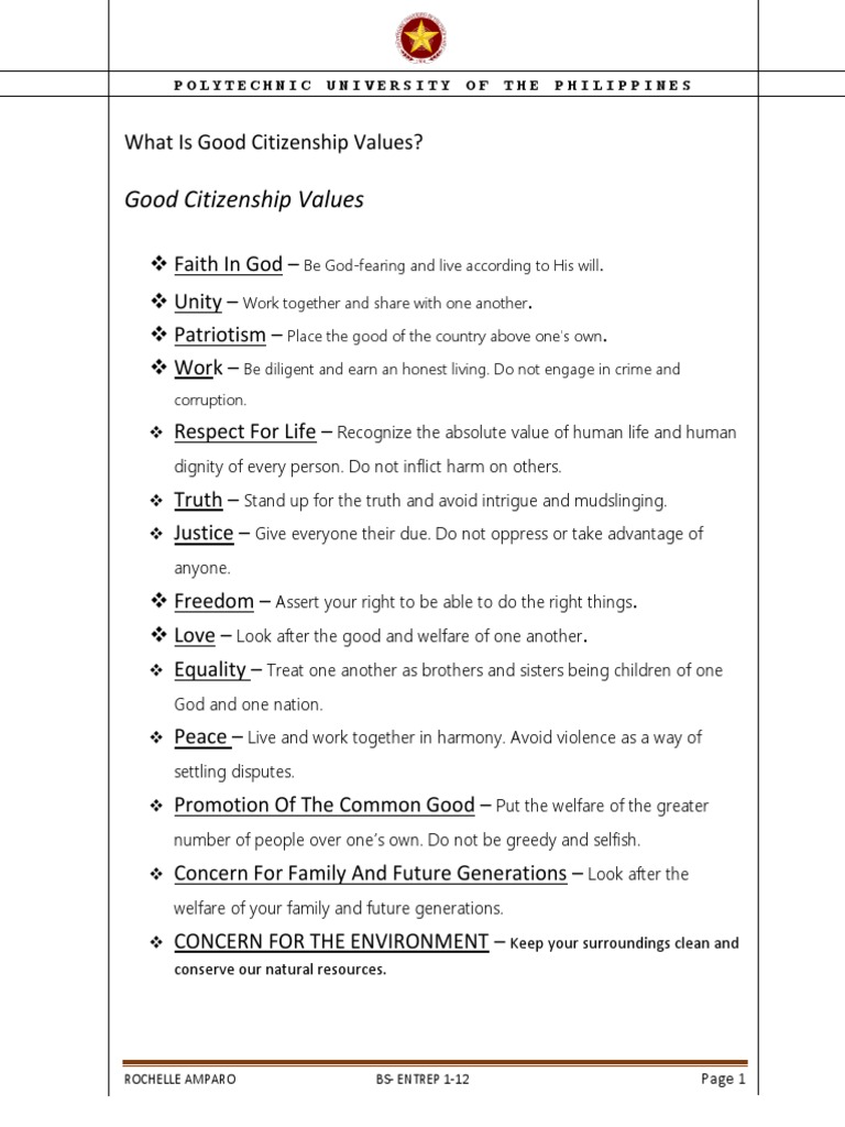 Defining Good Citizenship: Core Values for Unity, Patriotism and the ...