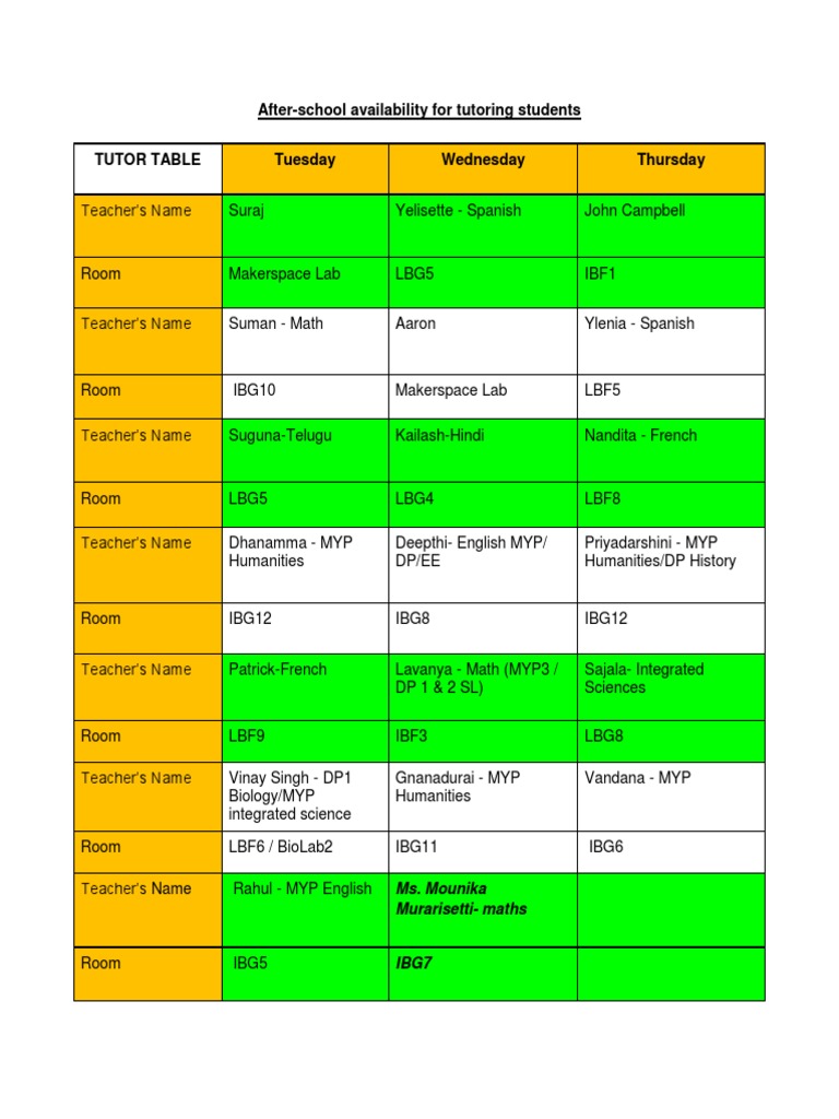 After School Availability For Tor Extra Tutoring For Students | PDF ...
