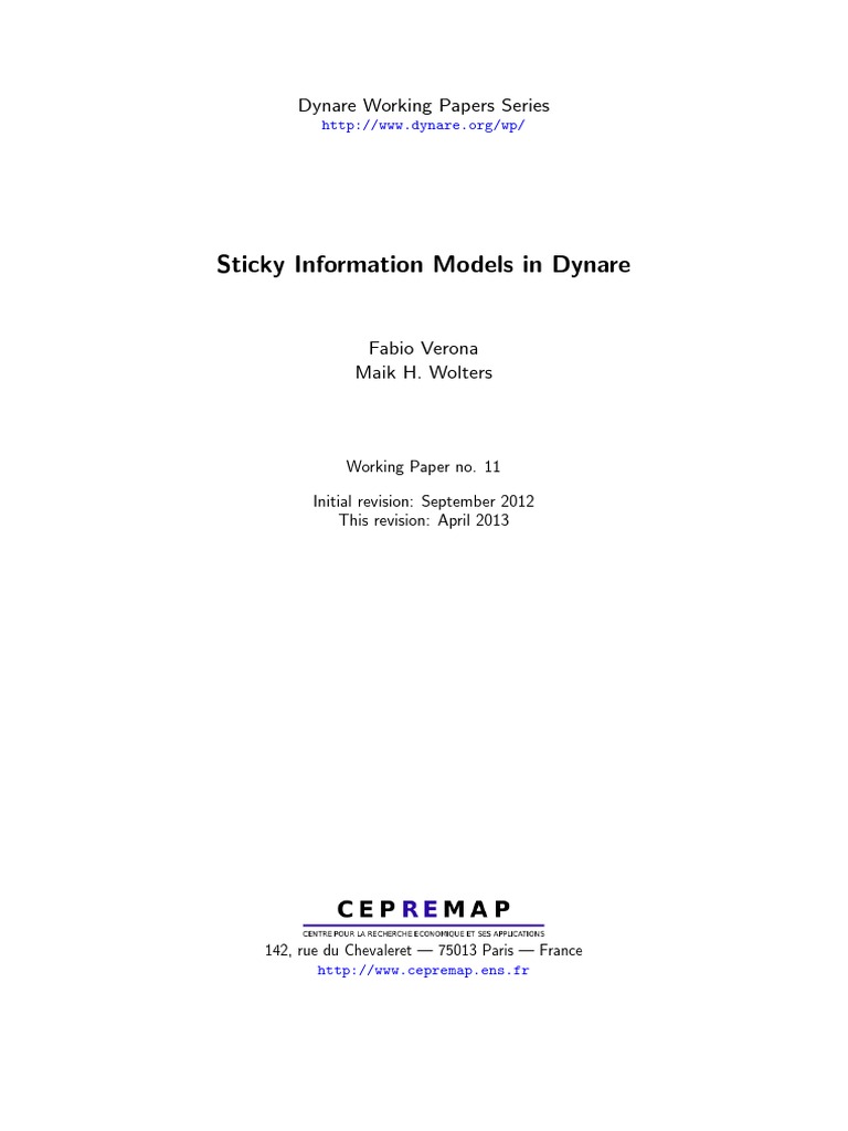 Sticky Information Models in Dynare: Dynare Working Papers Series | PDF | Nominal Rigidity ...