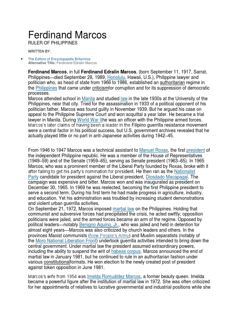 Ferdinand Marcos: Ferdinand Marcos, in Full Ferdinand Edralin Marcos ...