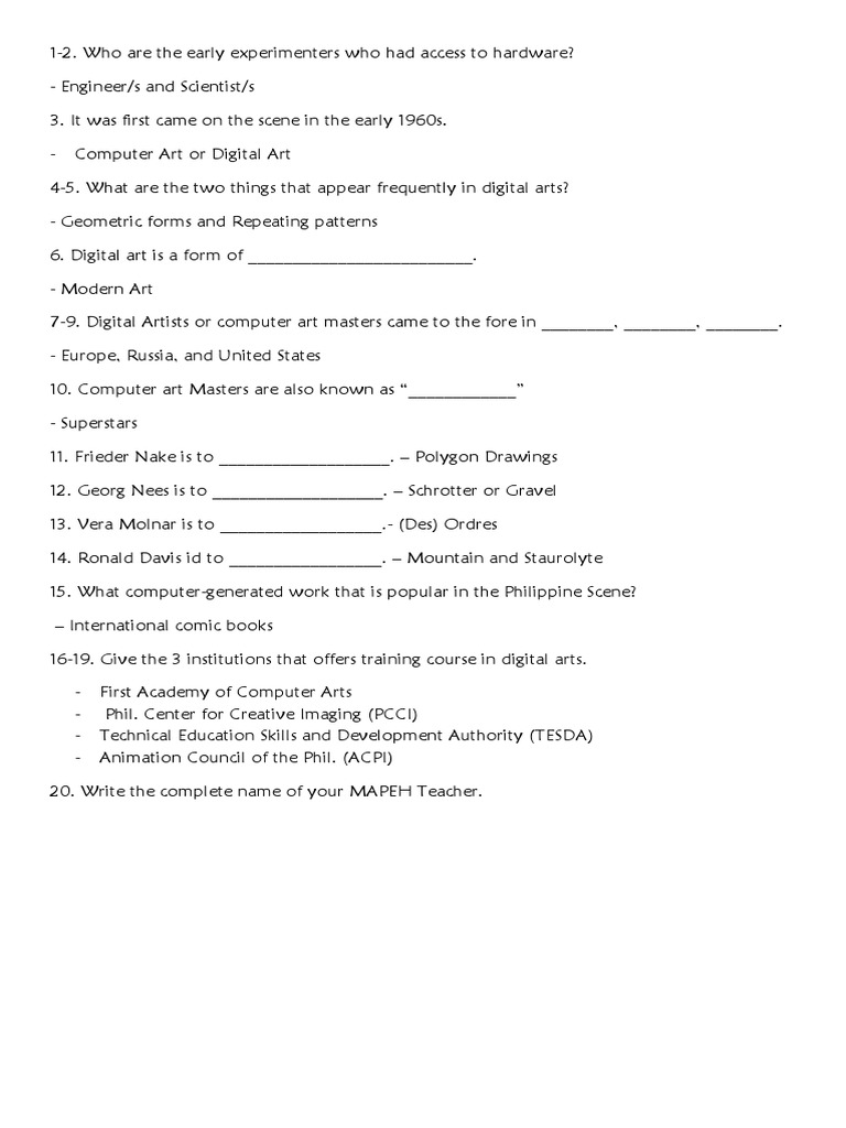 Mapeh 10 Arts With Answers Key | PDF