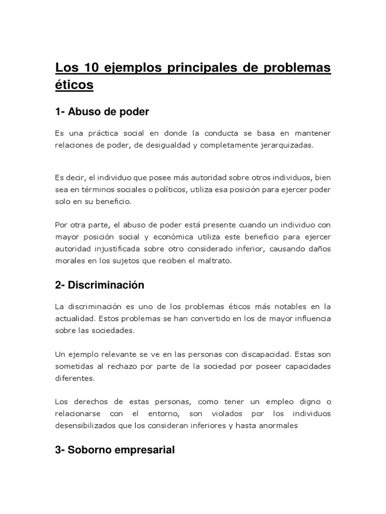 Los 10 Ejemplos Principales de Problemas Éticos | PDF | Corrupción ...