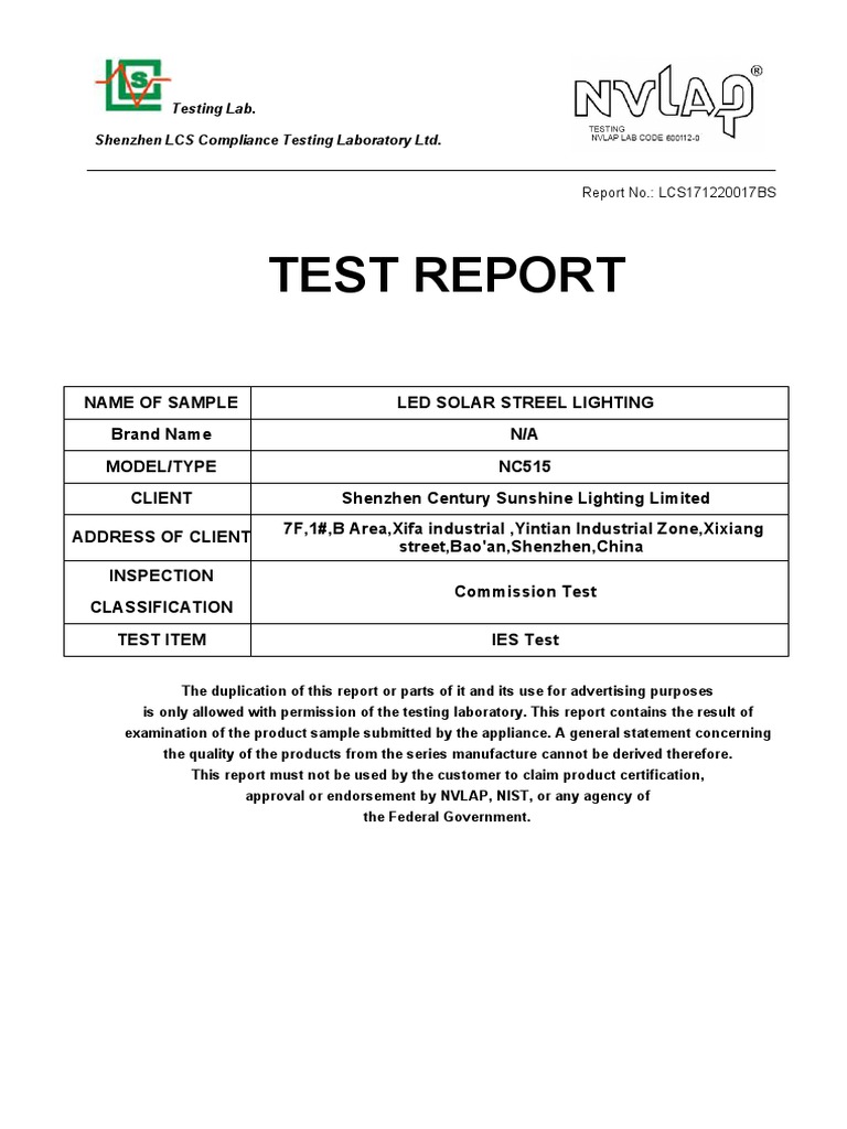 Photometric Test Report for LED Solar Street Lighting Fixture | PDF ...