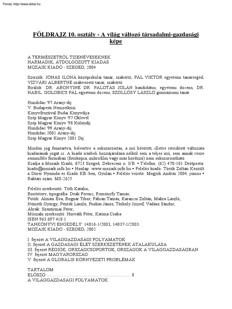 Foldrajz 10 Osztaly A Vilag Valtozo Tarsadalmigazdasagi Kepe | PDF