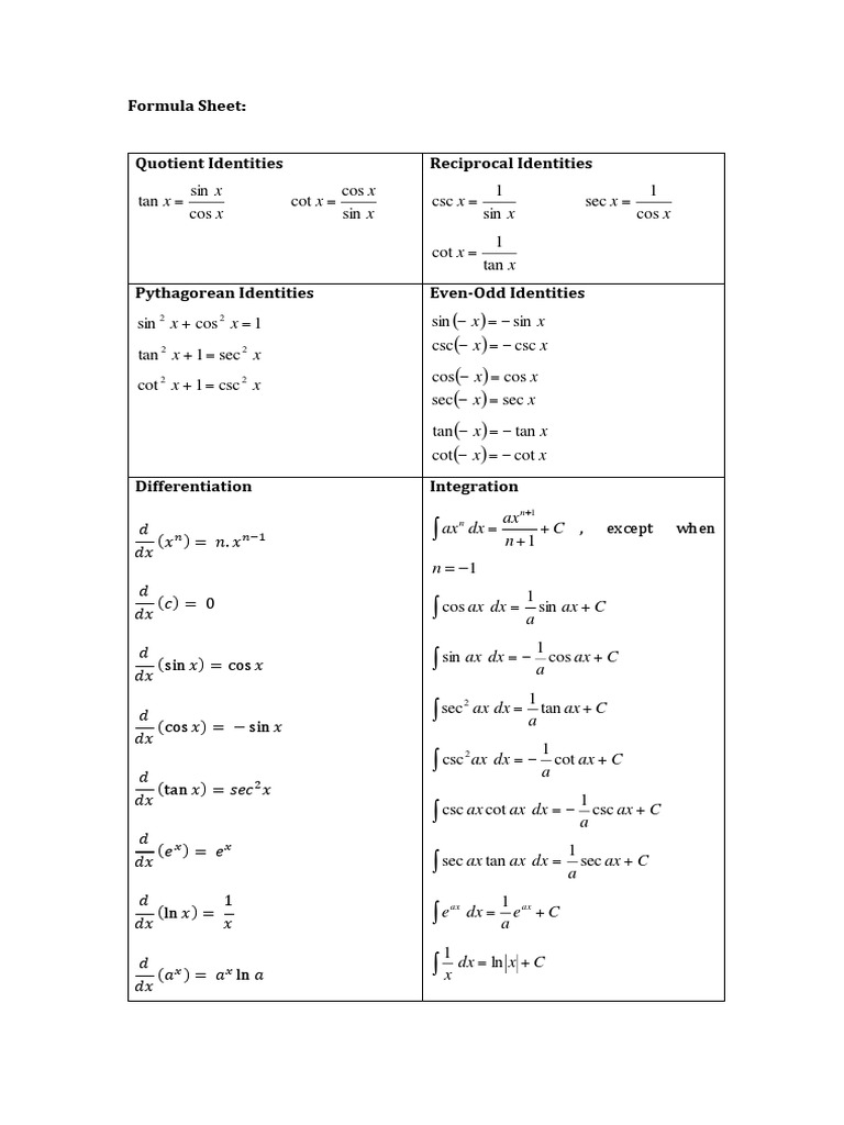 Formula Sheet:: Cos Sin Tan Sin Cos Cot Sin 1 CSC Cos 1 Sec 1 Cot | PDF ...