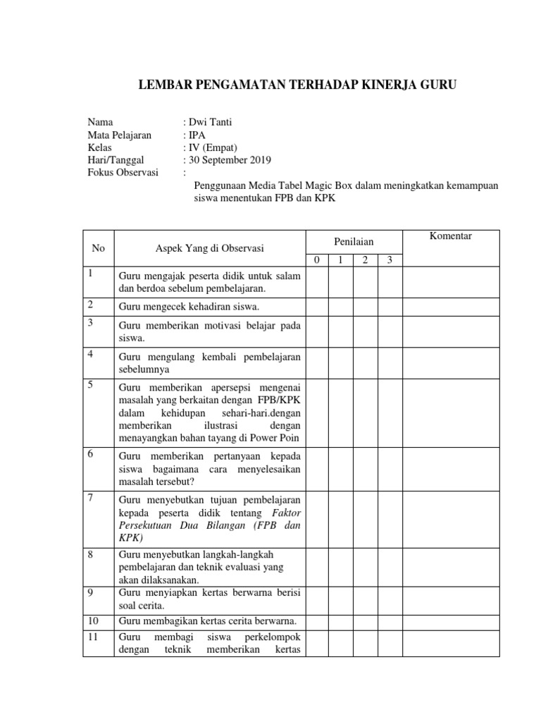 Contoh Lembar Pengamatan Guru Materi KPK Dan FPB | PDF | Kesehatan Holistik