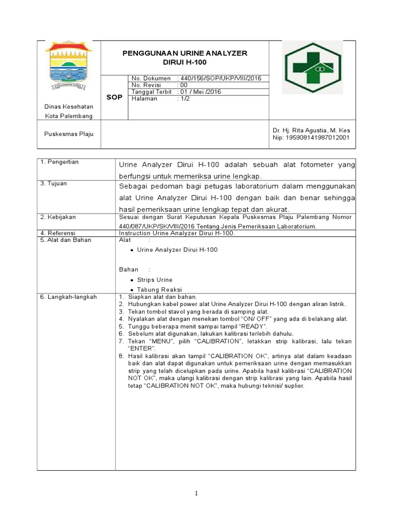 8.1.1.a. Sop Penggunaan Urine Analyzer Dirui H-100 | PDF