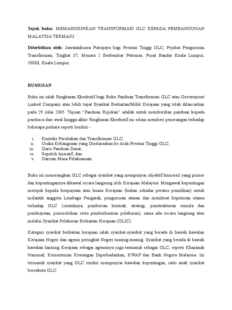 Tajuk Buku: Memangkinkan Transformasi GLC Kepada Pembangunan | PDF
