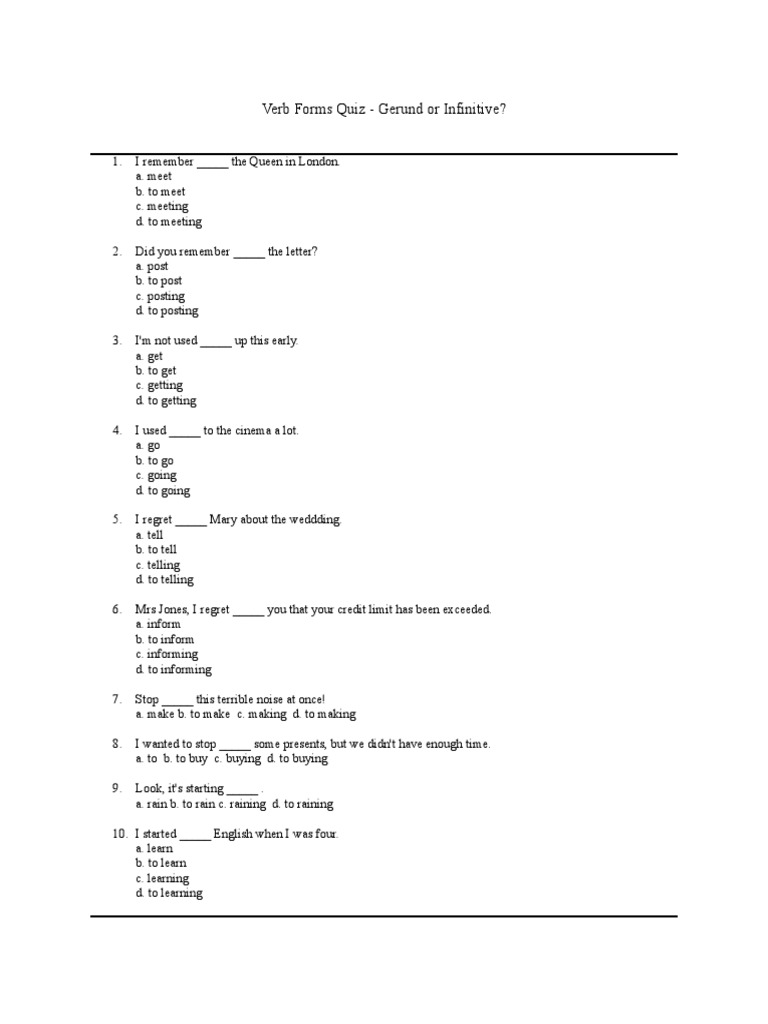 Verb Forms Quiz Gerund or Infinitive | Download Free PDF | Celsius ...