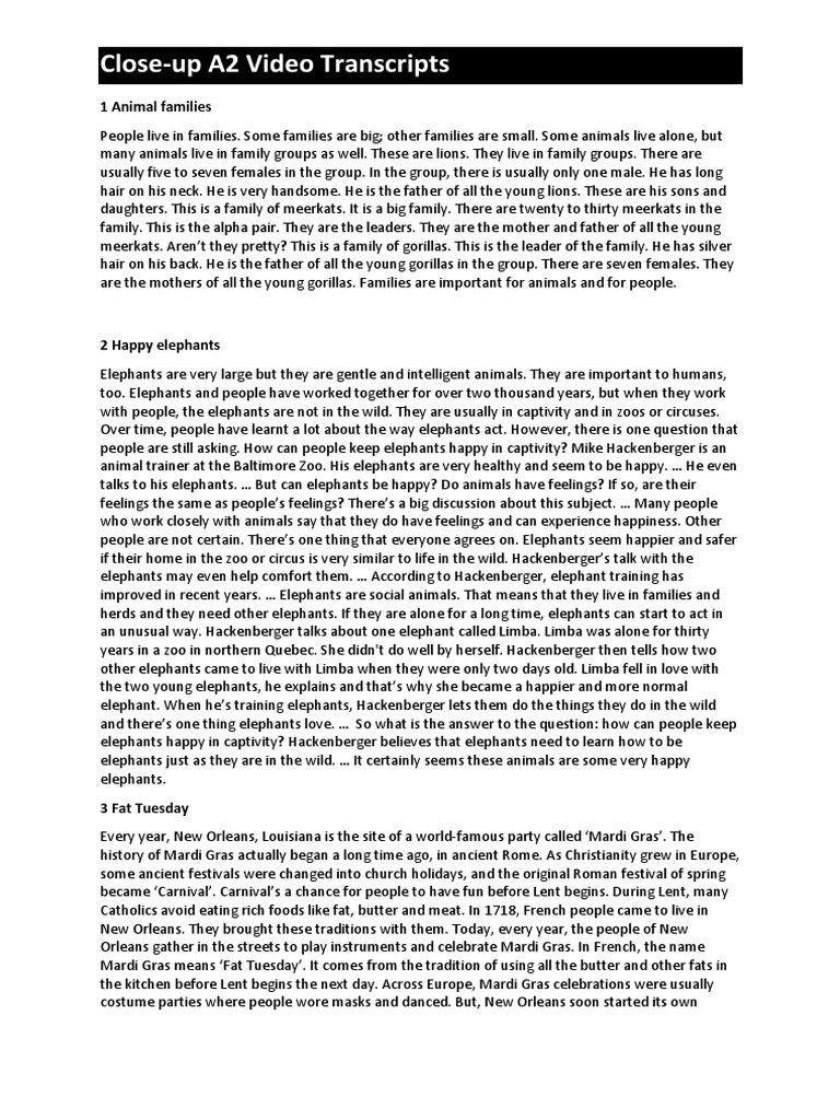 Close-Up A2 - Video Scripts | PDF | Mardi Gras | Nature