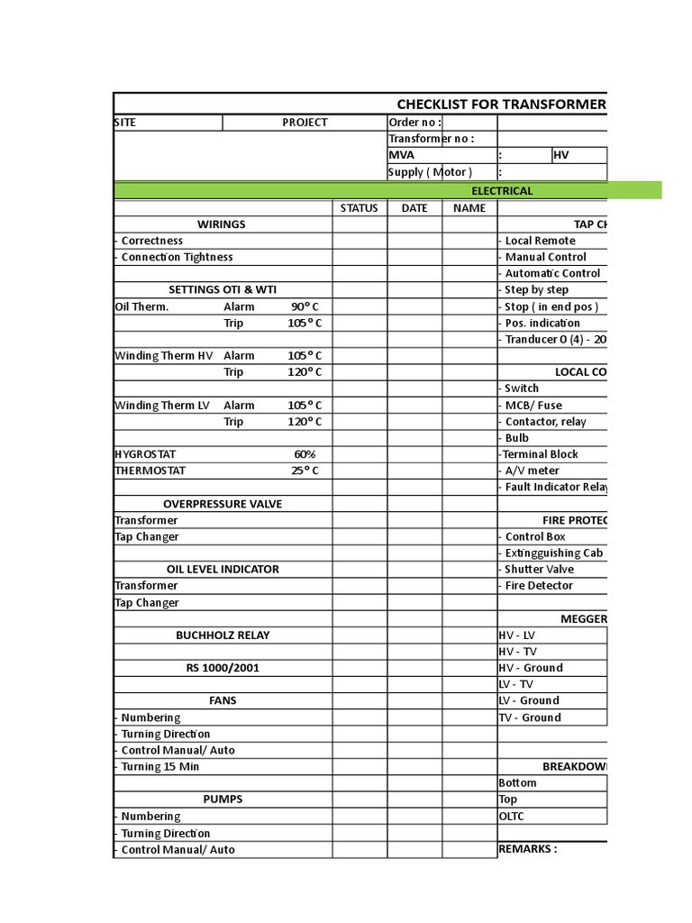Transformer Site Project Checklist | PDF | Transformer | Electrical ...
