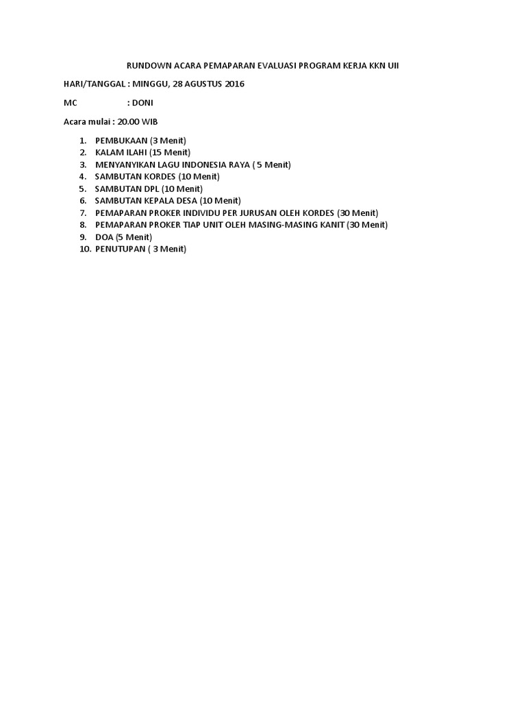 Rundown Acara Pemaparan Evaluasi Program Kerja KKN Uii | PDF