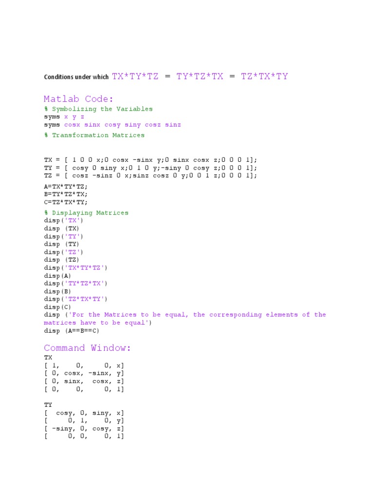 TX Ty TZ Ty TZ TX TZ TX Ty Matlab Code:: % Symbolizing The Variables | PDF | Functions And ...